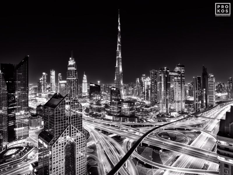 Burj Khalifa and Dubai Skyline at Night - Black & White Photo - PROKOS