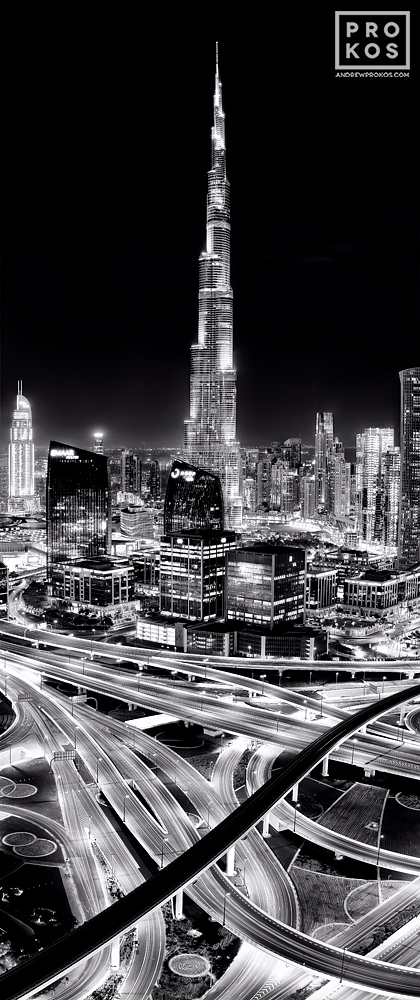 Burj Khalifa and Dubai at Night - B&W Vertical Panoramic Photo - PROKOS
