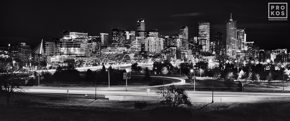 Panoramic Cityscape of Denver at Night - B&W Photograph - PROKOS