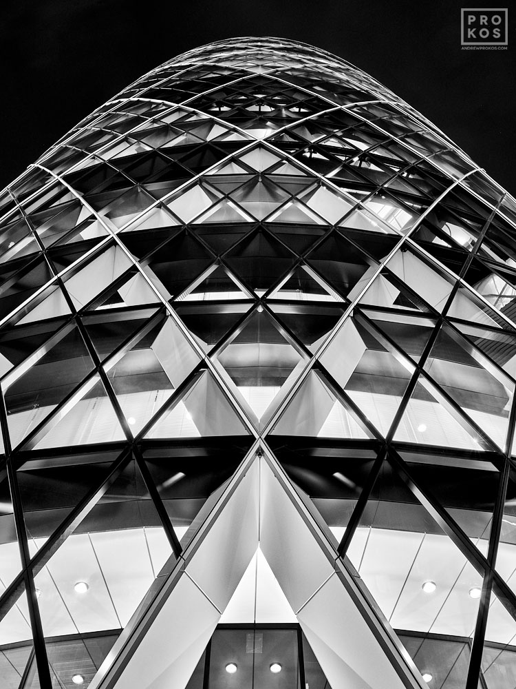 30 St. Mary Axe at Night I - B&W Architectural Photo by Andrew Prokos