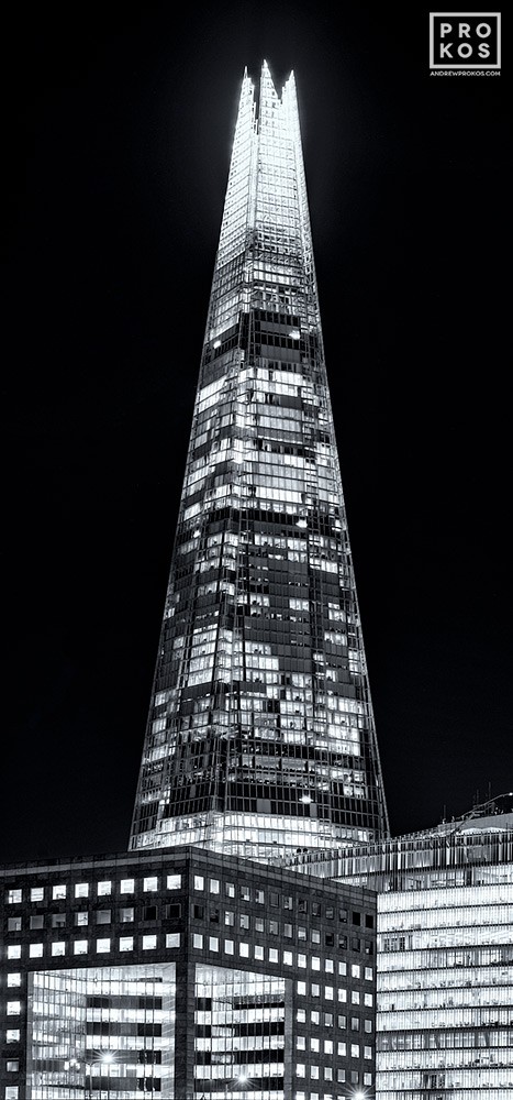 The Shard at Night - B&W Vertical Panorama by Andrew Prokos