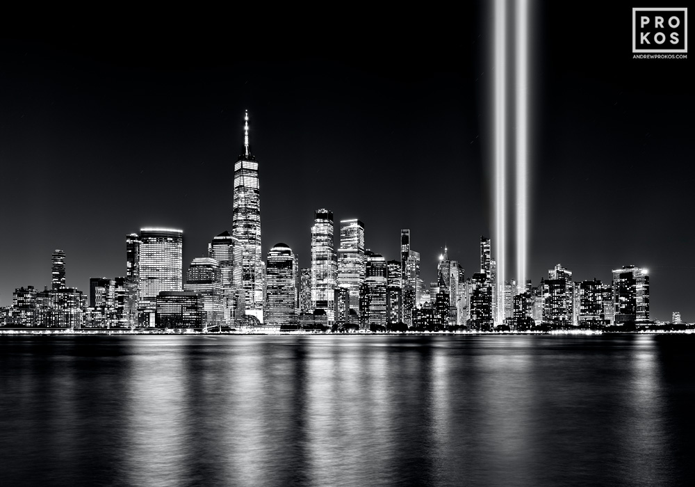 World Trade Center Skyline & Tribute in Light at Night - B&W Photo by ...