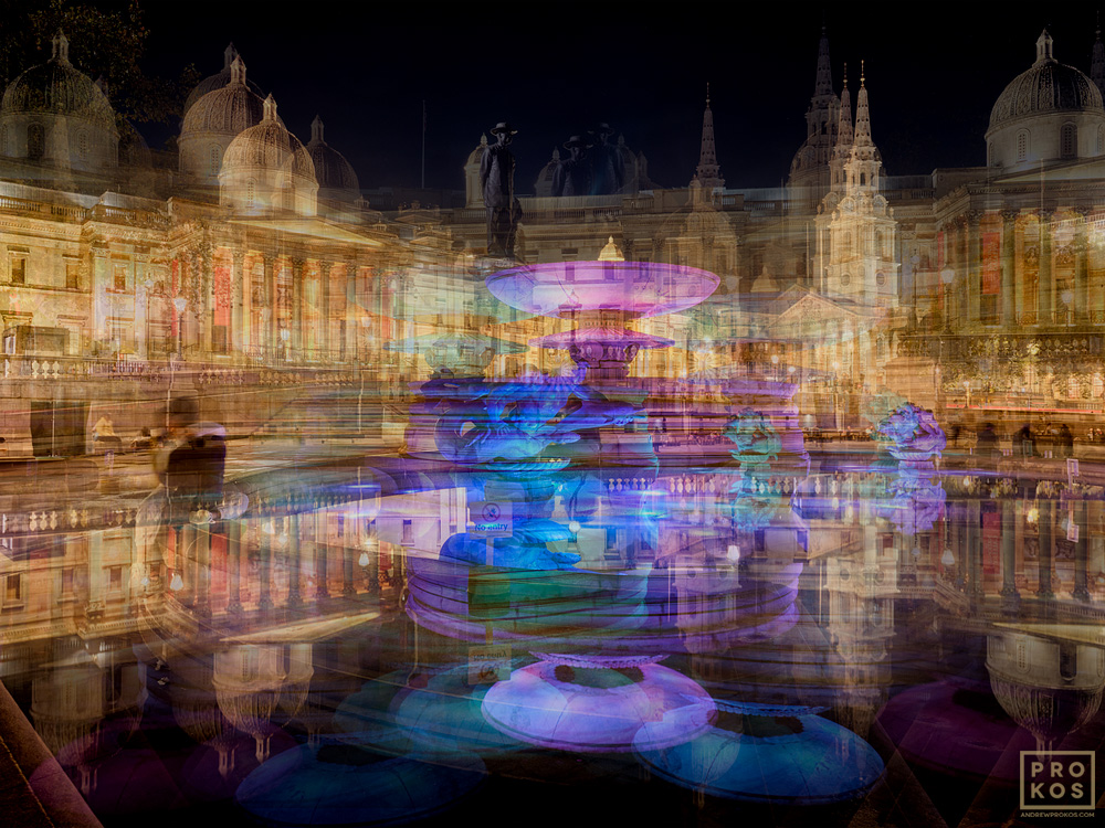 Trafalgar Square Fountains at Night - Multiple-Exposure Photo - PROKOS