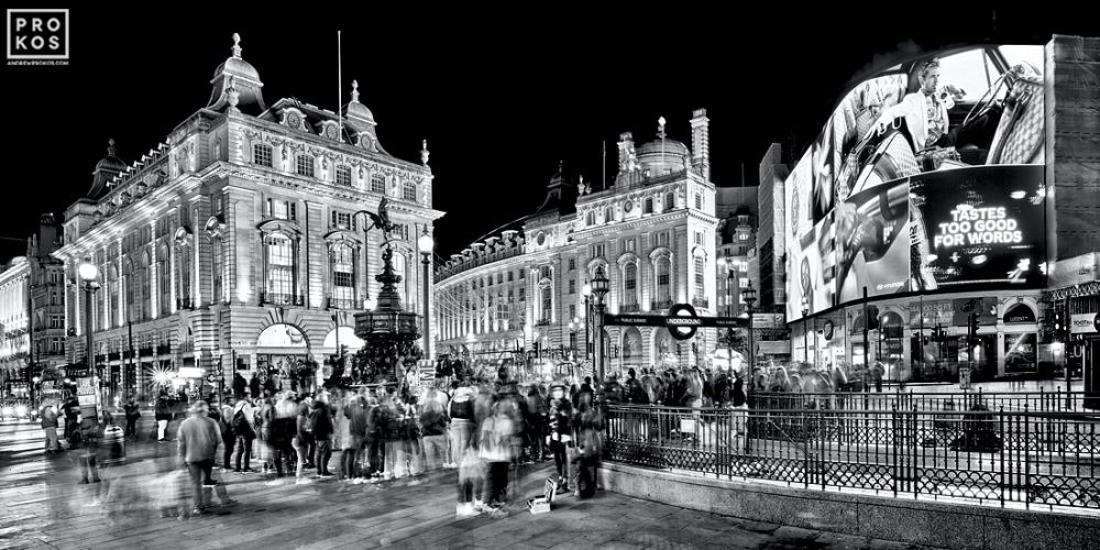 Panoramic View of Piccadilly Circus at Night - B&W Photograph - PROKOS