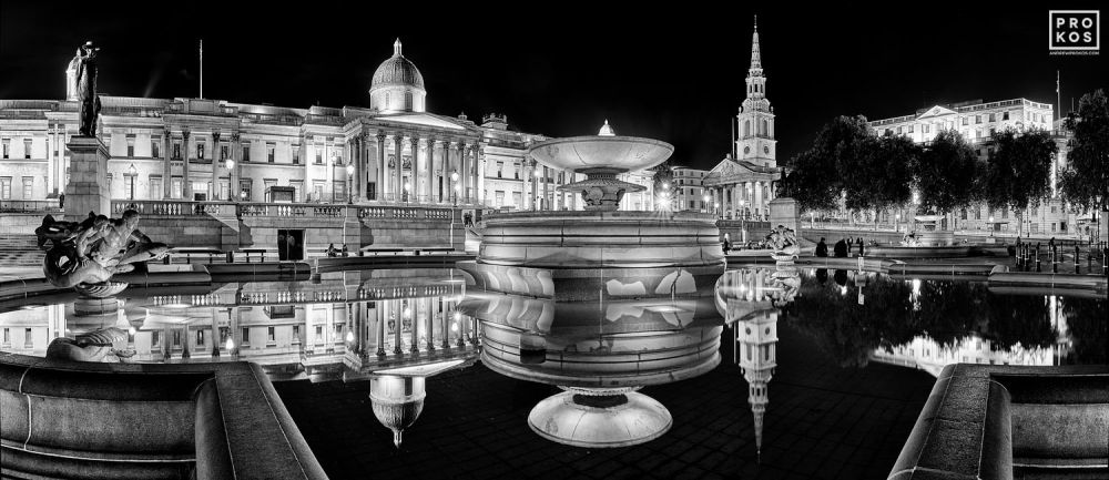 Trafalgar Square Fountains at Night, London - B&W Photo - PROKOS