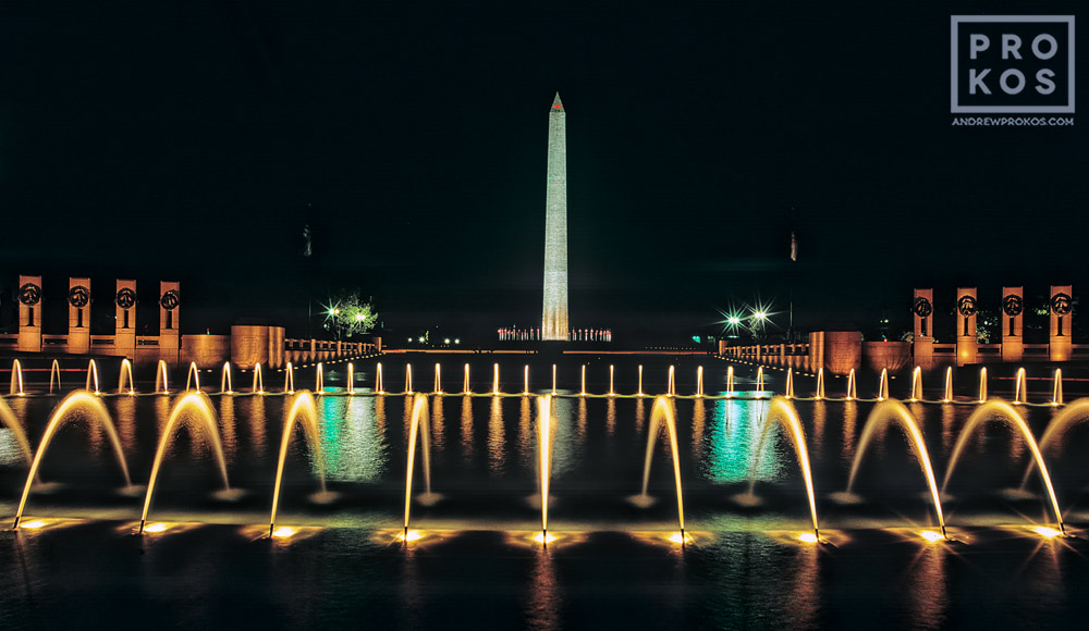World War II Memorial at Night - Framed Photograph by Andrew Prokos